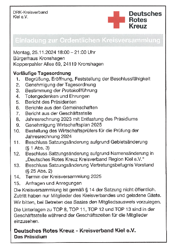 Einladung zur Ordentlichen Kreisversammlung - Kreisverband Kiel e.V.